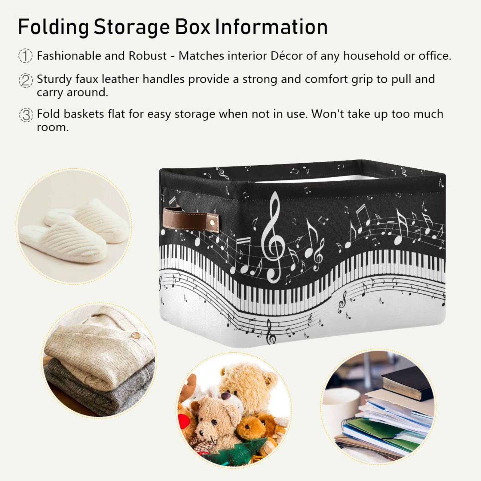 ALAZA Piano Key Music Black Large Storage Basket with Handles Foldable Decorative 1 Pack Storage Bin Box for Organizing Living Room Shelves Office Closet Clothes