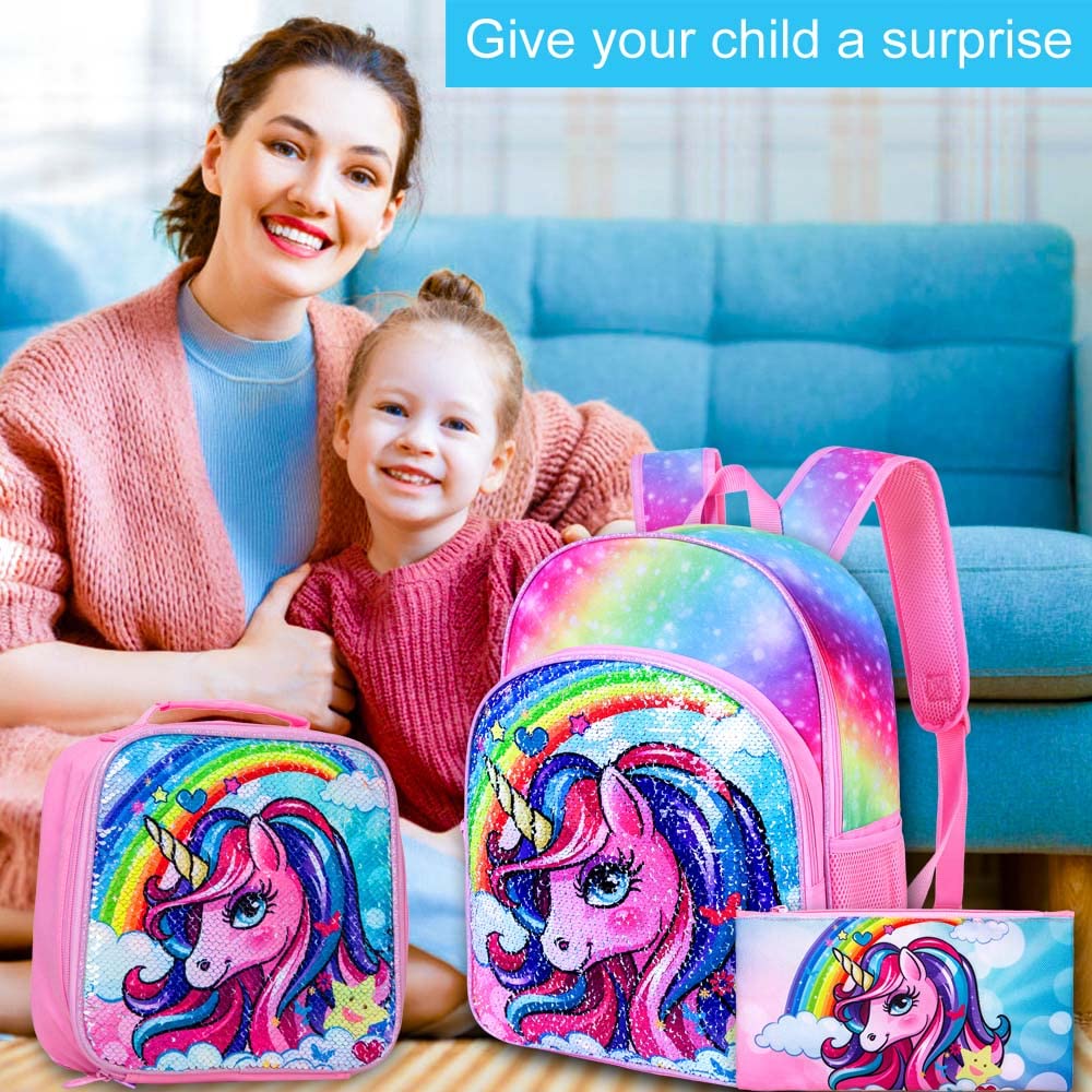 TXHVO 3PCS Unicorn Backpack, 16" Rainbow Sequin Bookbag for Girls, Elementary Preschool Preschool School Backpacks with Lunch Box - Pink