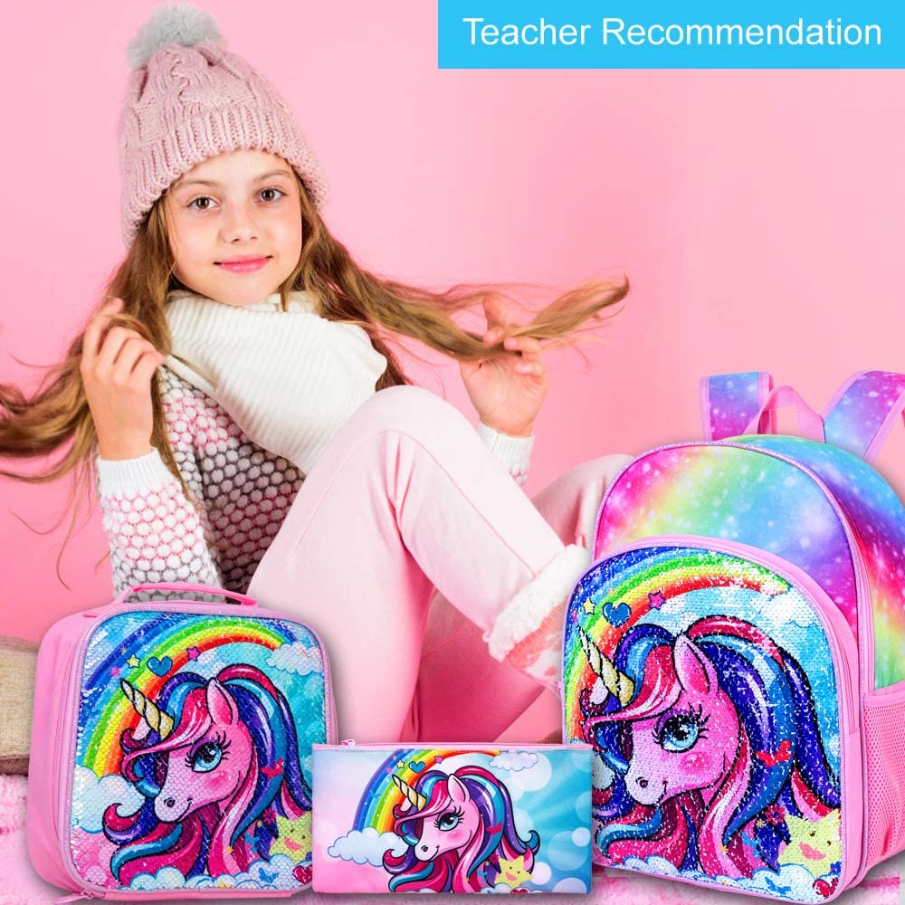 TXHVO 3PCS Unicorn Backpack, 16" Rainbow Sequin Bookbag for Girls, Elementary Preschool Preschool School Backpacks with Lunch Box - Pink