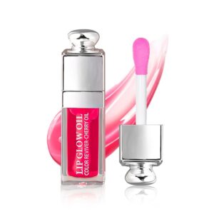 hydrating lip glow oil, lip oil gloss transparent toot tinted nourishing long lasting repairing lightening lip lines (raspberry) 0.2 oz