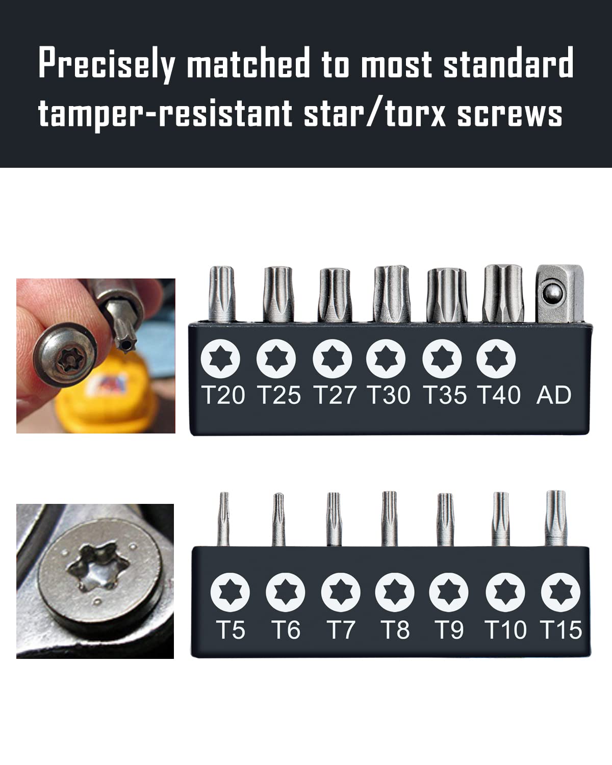 ROTATION 14-Piece Tamper Resistant Star Bits, Chrome Vanadium Steel, T5 - T40 Impact Grade Security Torx Bit Set, 1/4-inch Hex Shank