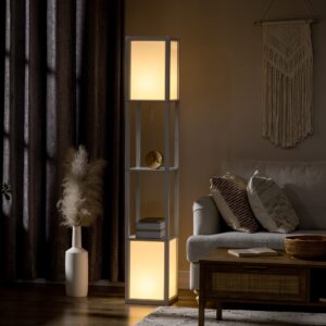 HOMCOM Modern Floor Lamp with Shelves & Dual Ambient Lighting, Tall Standing Lamp for Living Room, Bedroom with Fabric Lampshade (Bulb not Included), White