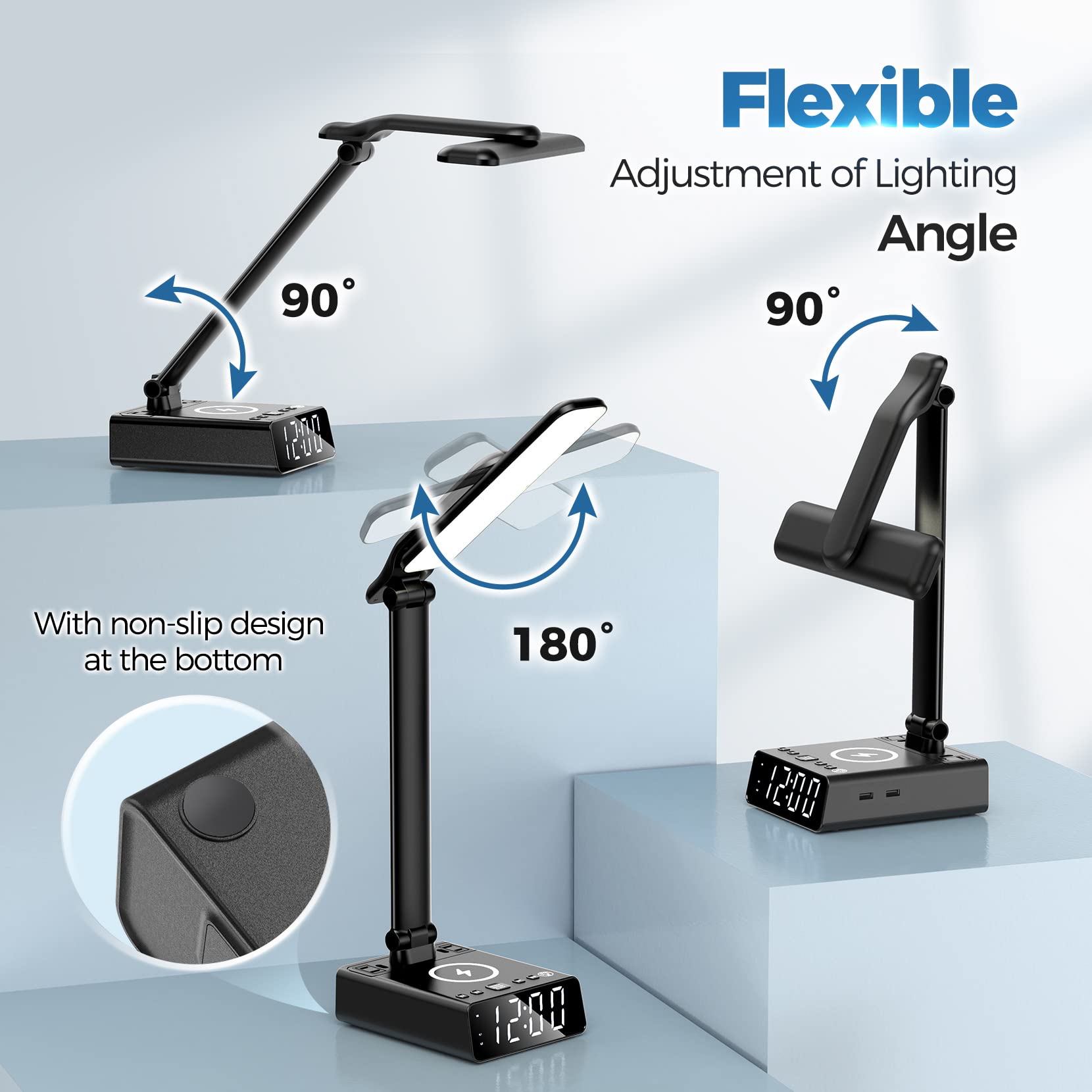 Docusvect LED Desk Lamp with 2 USB Charging Ports and 2 AC Outlets, 3 Lighting Modes × Stepless Dimming LED Desk Lamp with 15W Wireless Charger, Digital Alarm Clock for Home Office & College Dorm Room