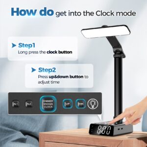 Docusvect LED Desk Lamp with 2 USB Charging Ports and 2 AC Outlets, 3 Lighting Modes × Stepless Dimming LED Desk Lamp with 15W Wireless Charger, Digital Alarm Clock for Home Office & College Dorm Room