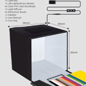 Glendan 20x20 inch Light Box Photography, Large Photo Studio Light Box, Professional Dimmable Photo Booth with 240 LED Lights & 6 Double-Sided Color Backdrops Photo Box for Product Photography