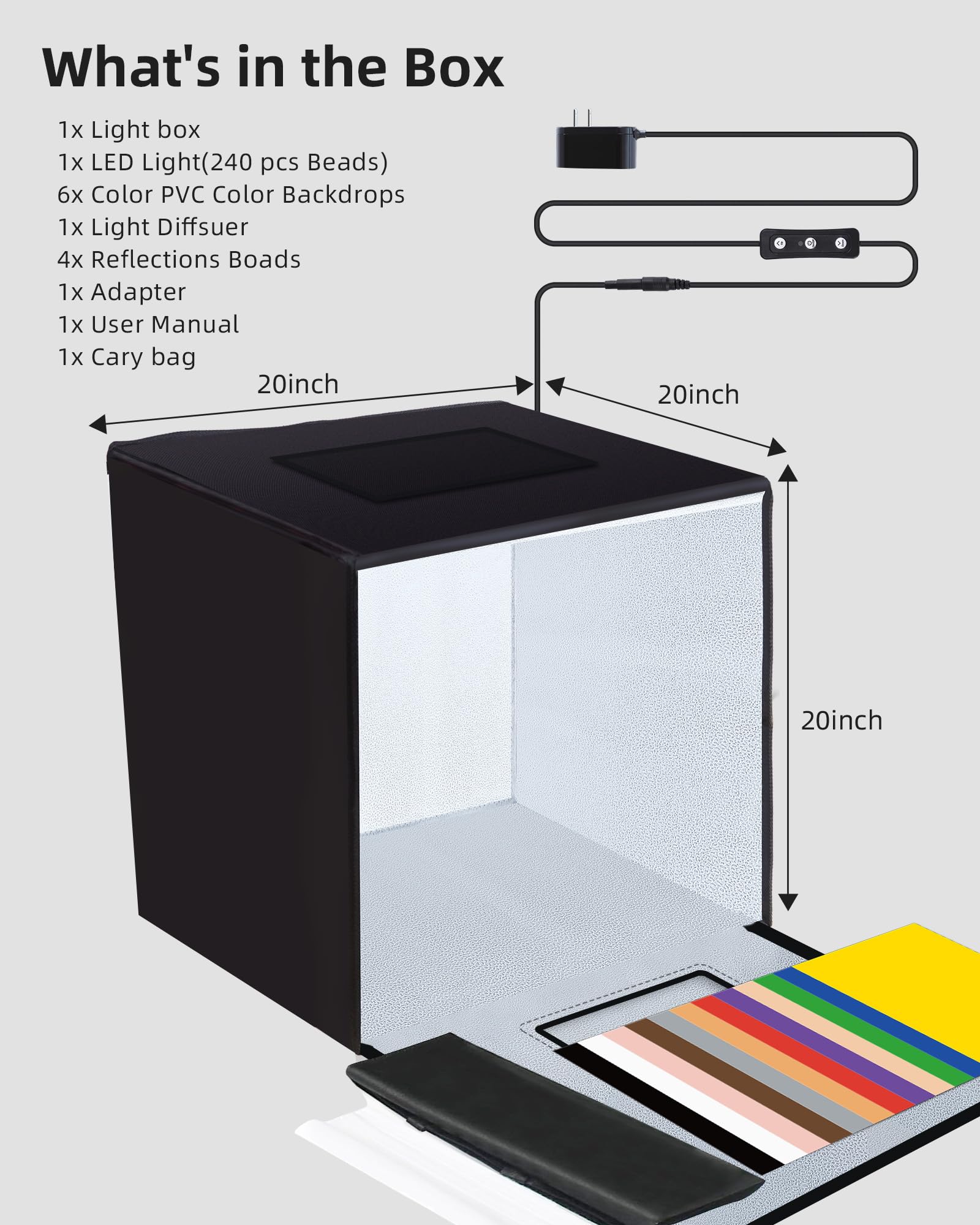 Glendan 20x20 inch Light Box Photography, Large Photo Studio Light Box, Professional Dimmable Photo Booth with 240 LED Lights & 6 Double-Sided Color Backdrops Photo Box for Product Photography