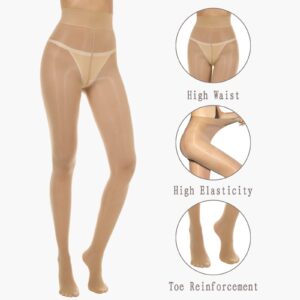 MANZI 2 Pairs Women's Shiny Sheer Tights High Waist Silk Comfort Stockings Oil Shimmery Nylons Pantyhose（Natural,S-M）