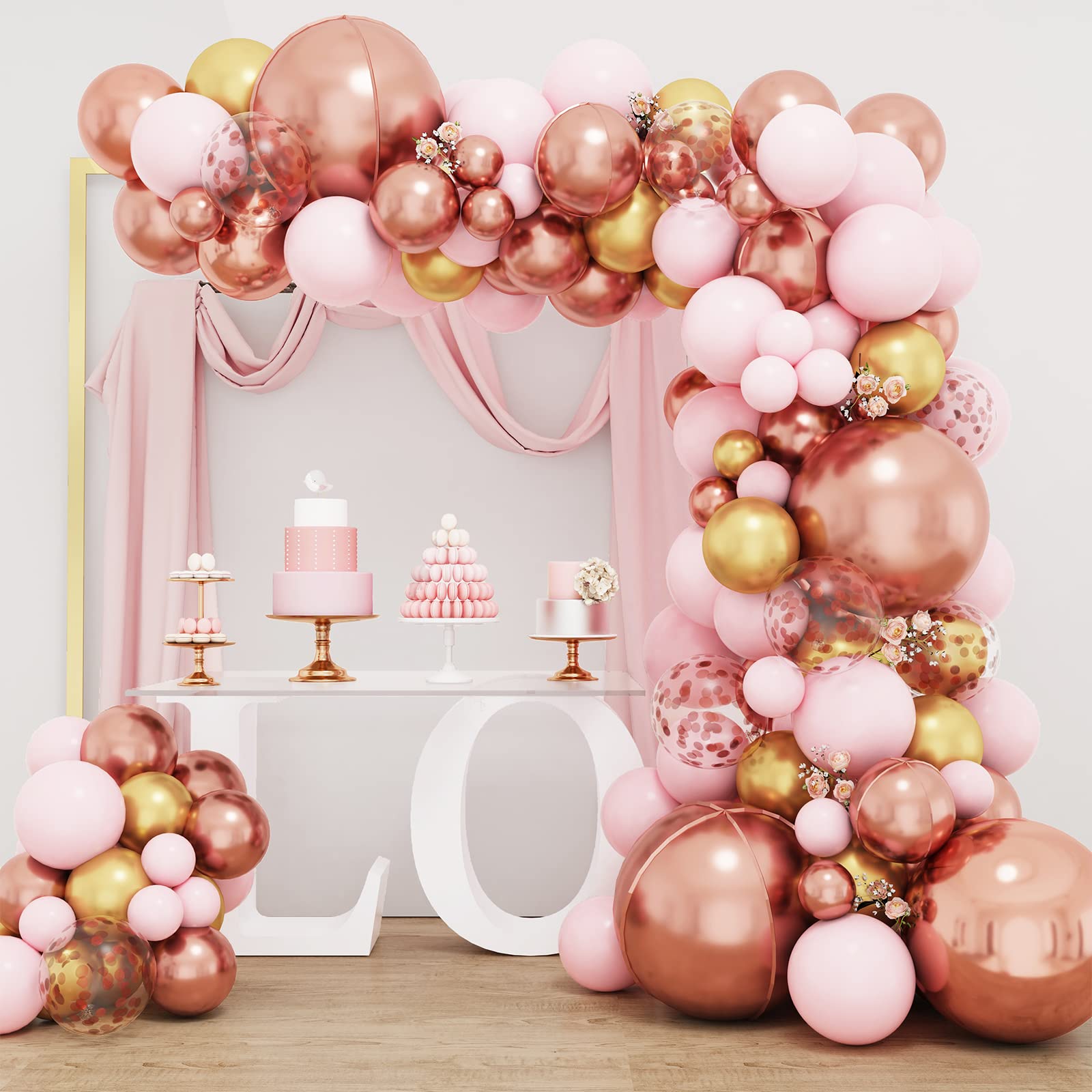 RUBFAC 146pcs Pink and Rose Gold Balloons Arch Kit Metallic Rose Gold Balloons Perfect for Birthday Party Bridal Baby Shower Wedding Party Decoration