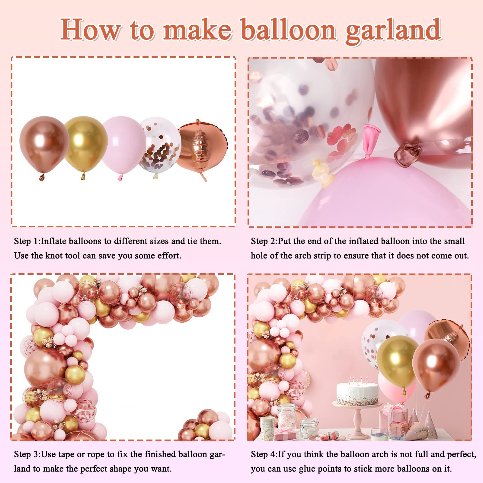 RUBFAC 146pcs Pink and Rose Gold Balloons Arch Kit Metallic Rose Gold Balloons Perfect for Birthday Party Bridal Baby Shower Wedding Party Decoration