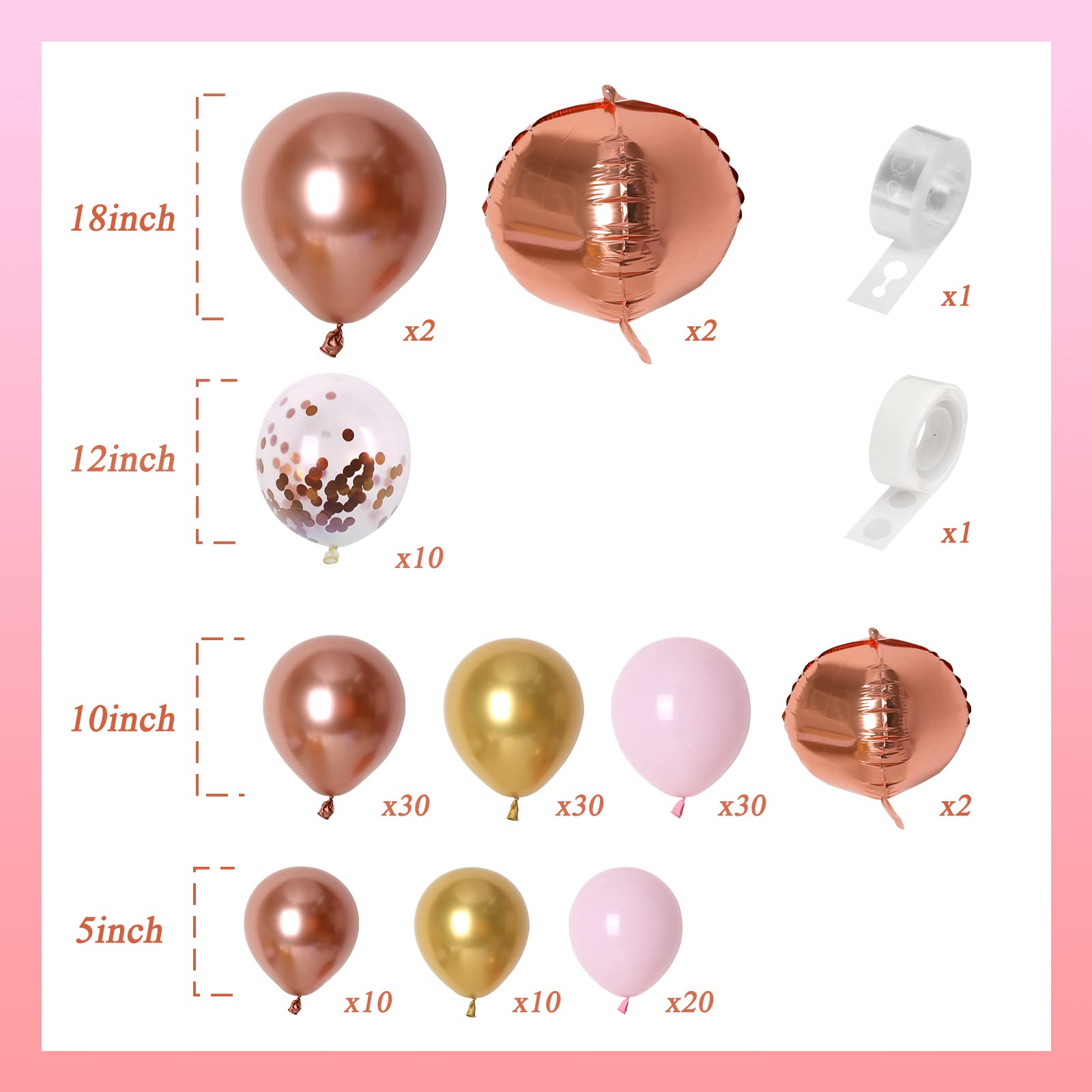 RUBFAC 146pcs Pink and Rose Gold Balloons Arch Kit Metallic Rose Gold Balloons Perfect for Birthday Party Bridal Baby Shower Wedding Party Decoration