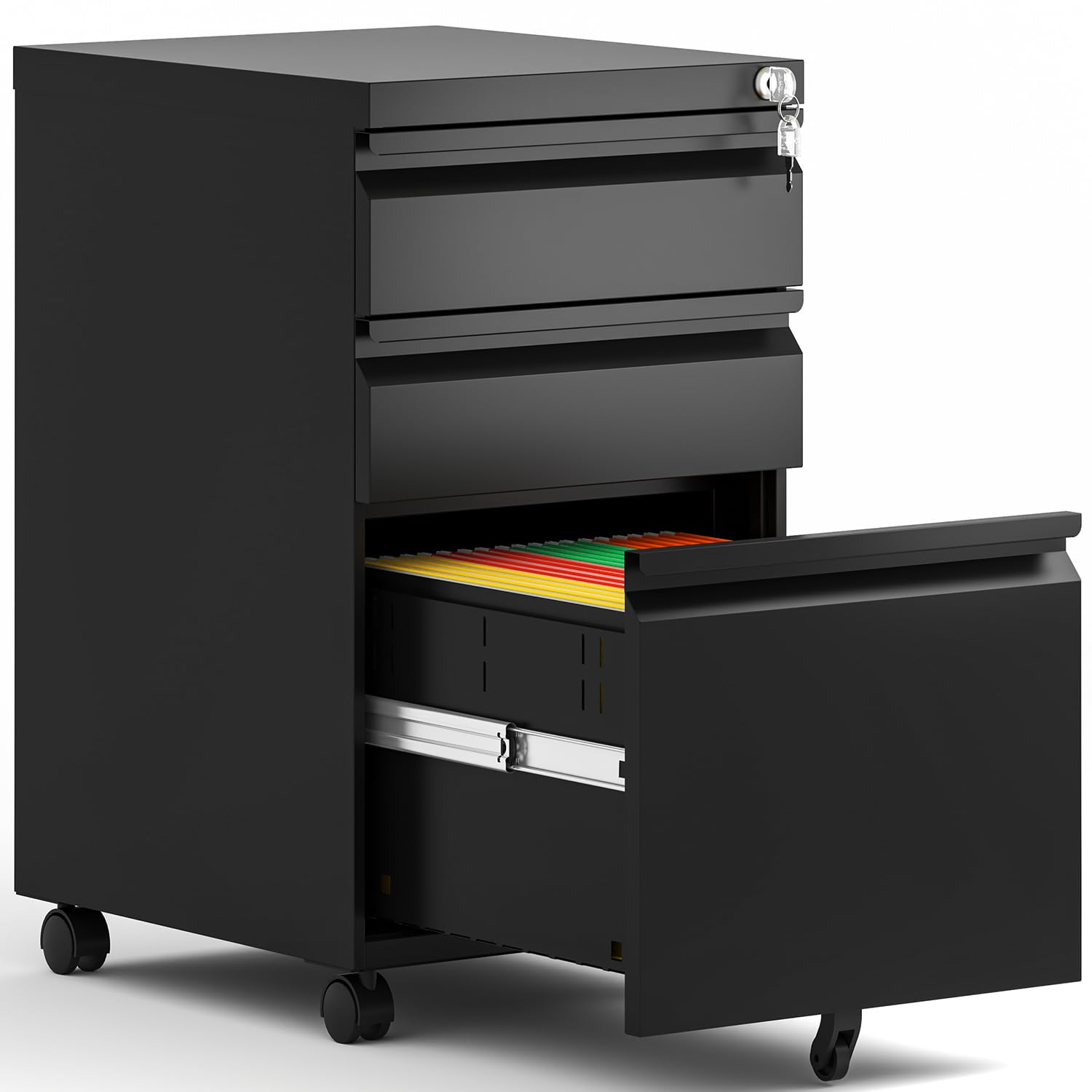 BIZOEIRON 3 Drawer Mobile File Cabinet,Under Desk Metal Filing Cabinet with Lock and Wheels for Letter/Legal/A4 Size(Black)