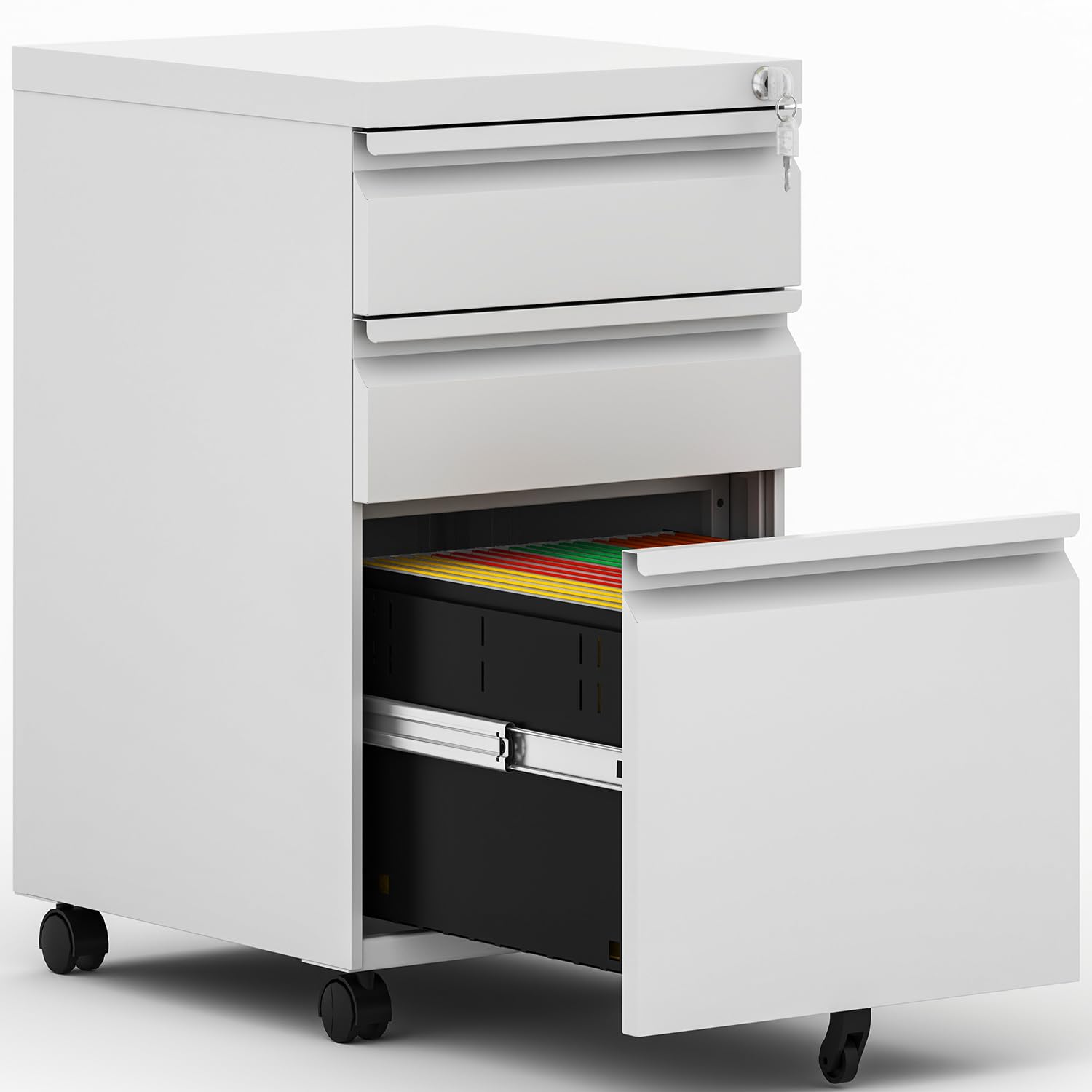 BIZOEIRON 3 Drawer Mobile File Cabinet,Under Desk Metal Filing Cabinet with Lock and Wheels for Letter/Legal/A4 Size (White)