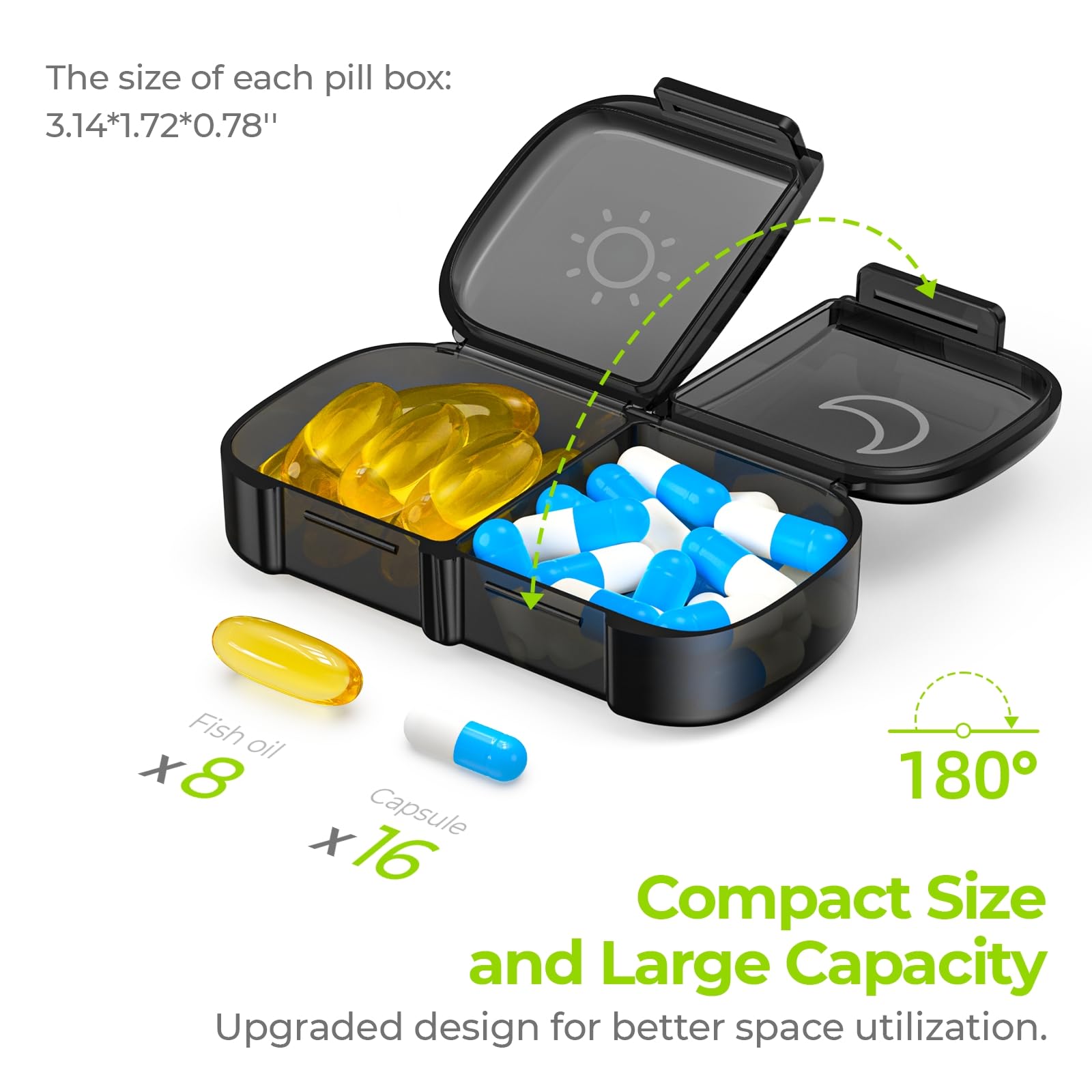 AUVON XL Weekly Pill Organizer 2 Times a Day, Pill Box 7 Day with One-Side Large Opening Design for Easy Filling, Black Privacy Protection AM PM Pill Case for Medication/Vitamins/Fish Oils/Supplements