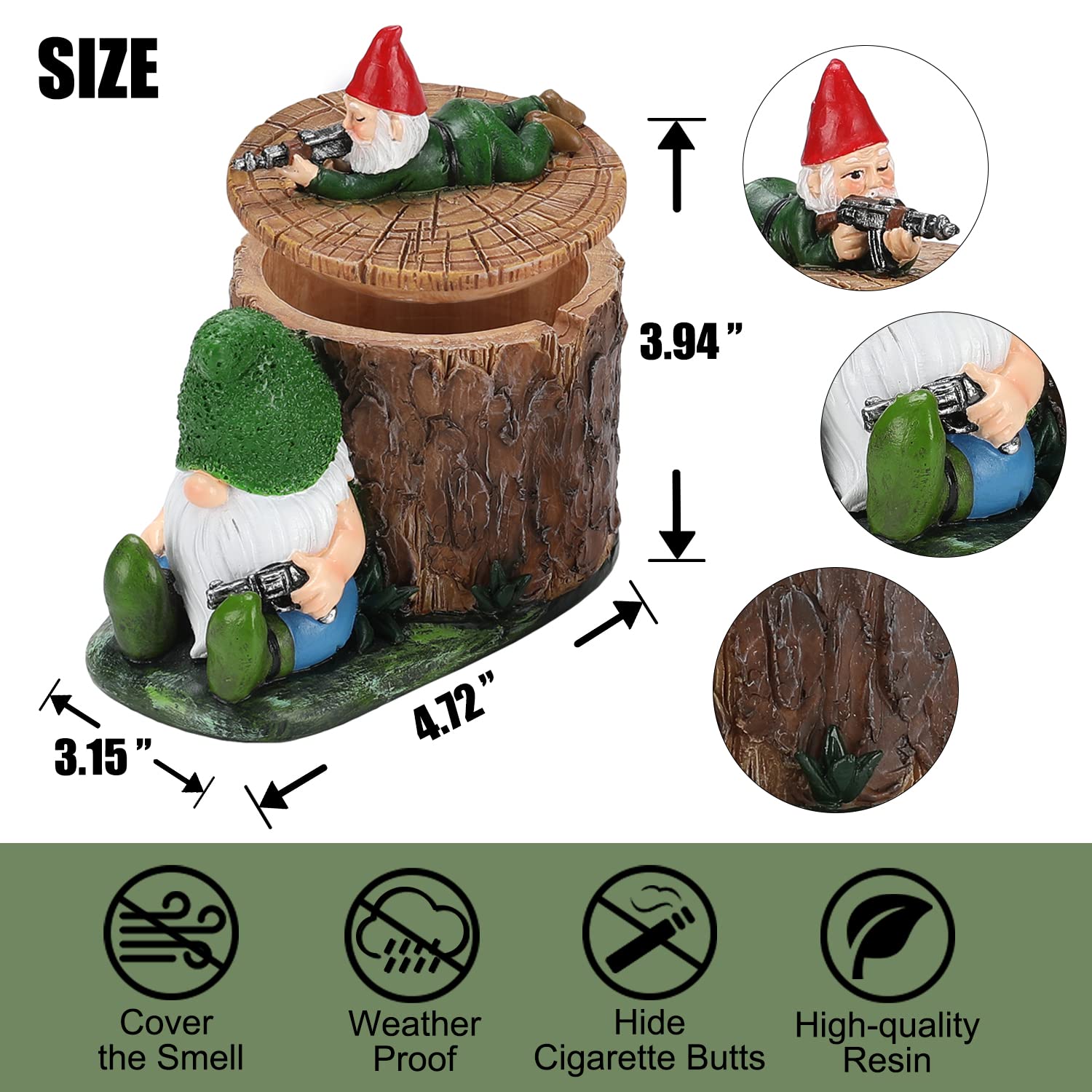 MOOTKA Gnome Gun Ashtray with Lid, Handmade Cool Resin Ashtrays for Cigarettes as Home Decor, Windproof Ashtrays for Indoor or Outdoor Use, Smoking Ash Tray Sets in Office Bar Hotel (Green-Gnome)