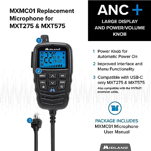 Midland – MXMC01 | Replacement Microphone for MXT275 & MXT575 – ANC Automatic Noise Canceling Electronic Microphone – Off-Roading Loud and Open-Air Vehicle - GMRS Farming Overlanding