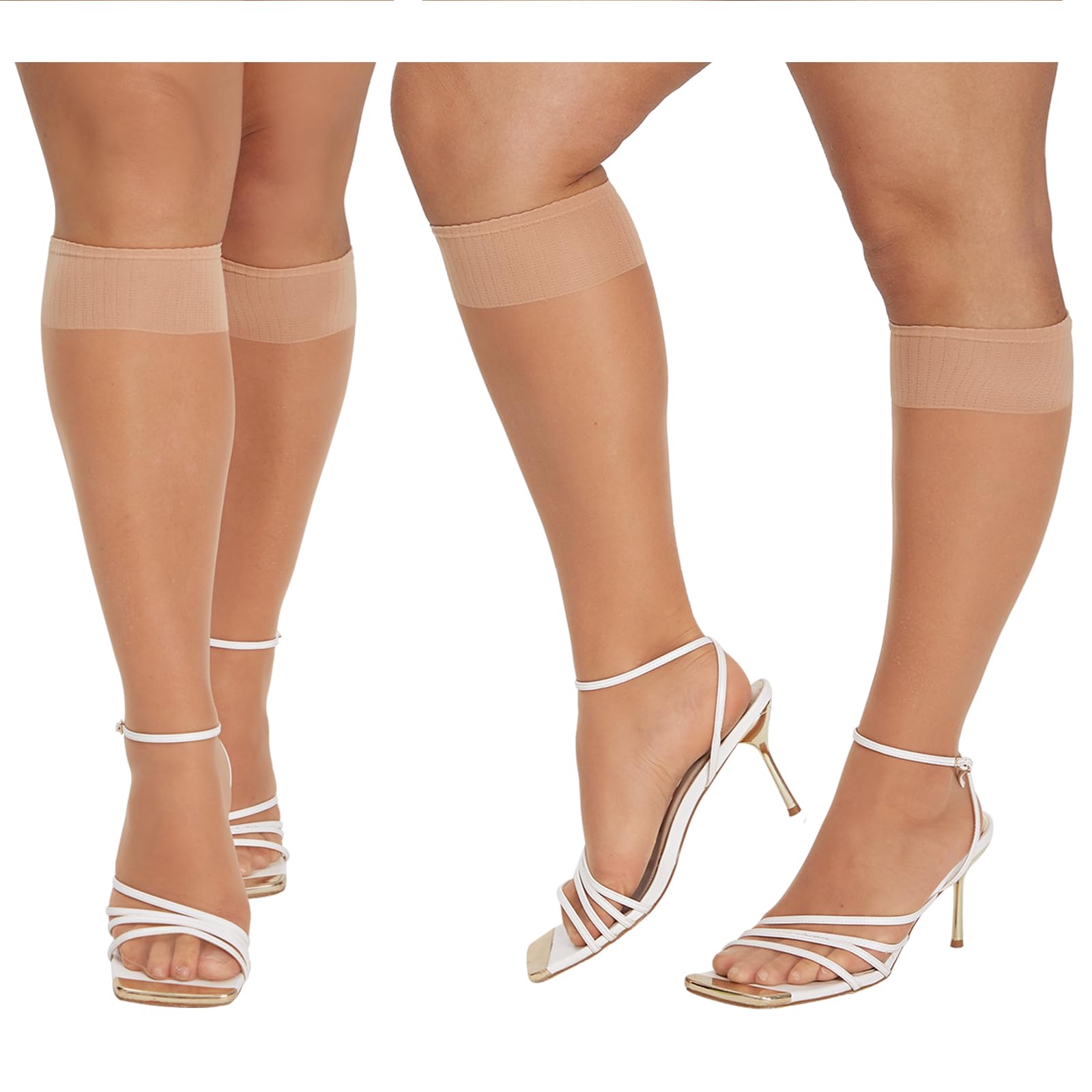 MANZI Plus Size Knee High Stockings for Women 6 Pairs Sheer Nylons Natural X-Large-XX-Large