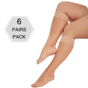 MANZI Plus Size Knee High Stockings for Women 6 Pairs Sheer Nylons Natural X-Large-XX-Large