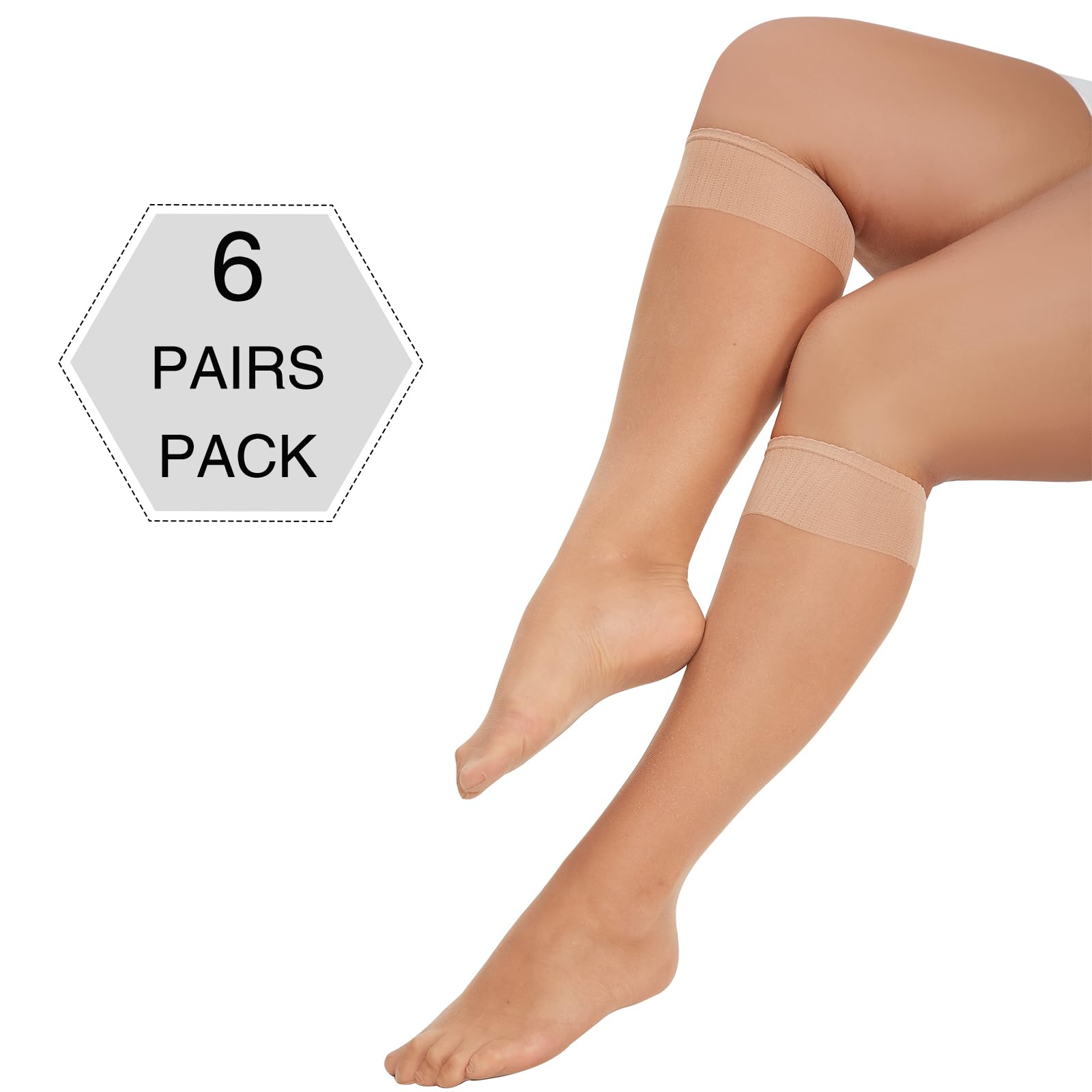 MANZI Plus Size Knee High Stockings for Women 6 Pairs Sheer Nylons Natural X-Large-XX-Large