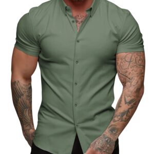 URRU Men's Muscle Dress Shirts Slim Fit Stretch Short Sleeve Casual Button Down Shirts for Men Army Green L