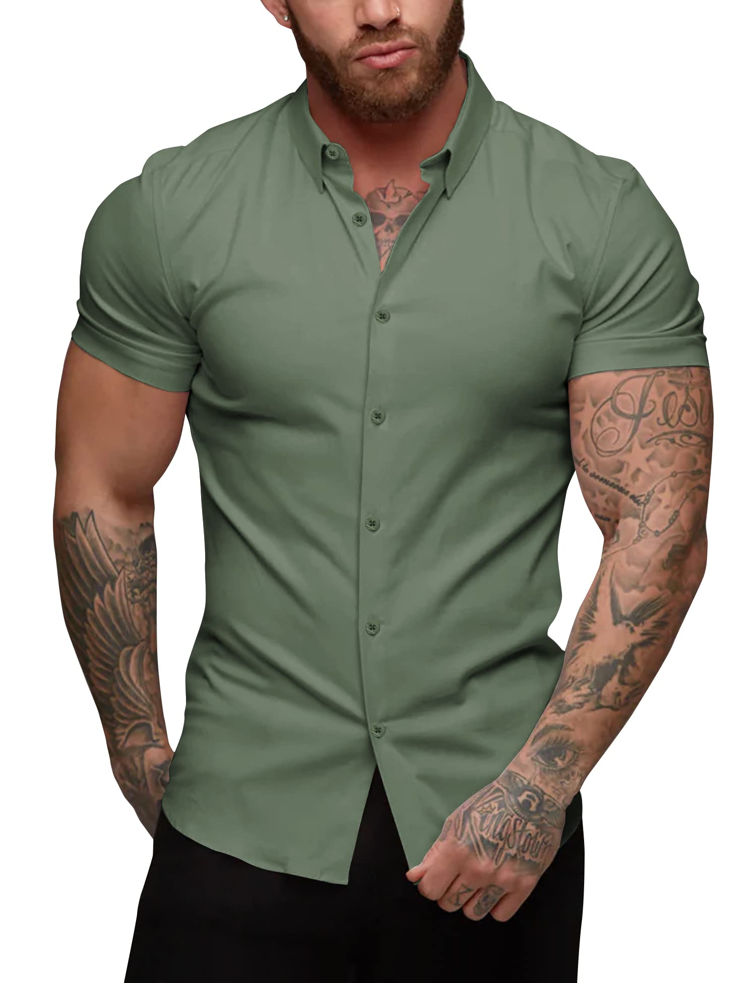 URRU Men's Muscle Dress Shirts Slim Fit Stretch Short Sleeve Casual Button Down Shirts for Men Army Green L