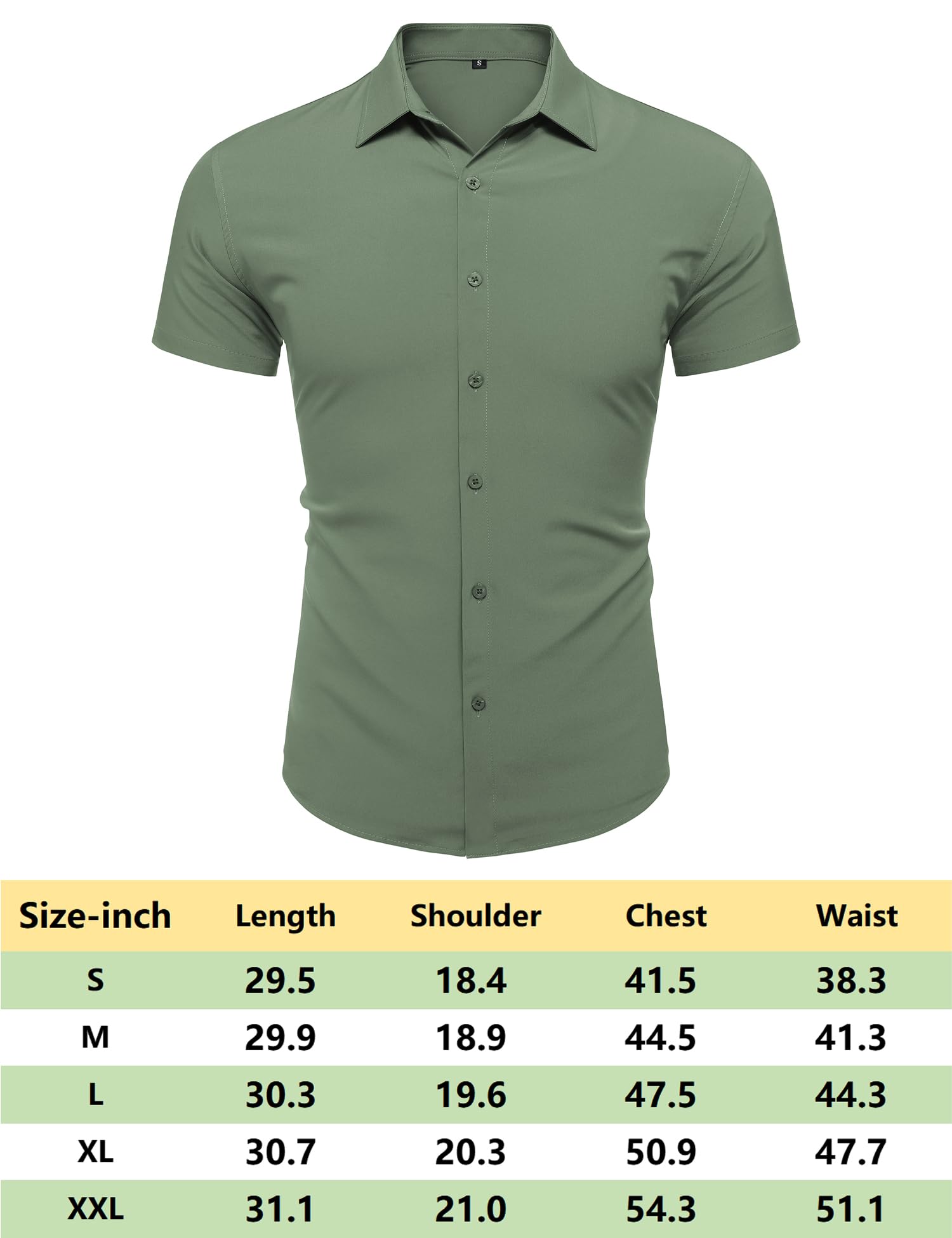 URRU Men's Muscle Dress Shirts Slim Fit Stretch Short Sleeve Casual Button Down Shirts for Men Army Green L