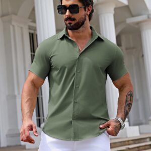 URRU Men's Muscle Dress Shirts Slim Fit Stretch Short Sleeve Casual Button Down Shirts for Men Army Green L