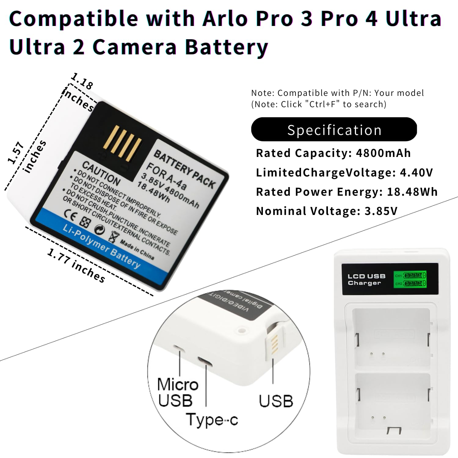 NBZZ Battery for Arlo Pro 3 Pro 4 with Dual Charger Rechargeable Battery 4800mAh for Arlo Ultra Ultra 2 Camera Battery Accessories VMC4040P VMA5400 4800mAh (2 Batteries with Charger Hub)