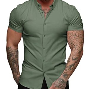 URRU Men's Muscle Dress Shirts Slim Fit Stretch Short Sleeve Casual Button Down Shirts for Men Army Green M