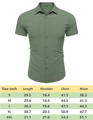 URRU Men's Muscle Dress Shirts Slim Fit Stretch Short Sleeve Casual Button Down Shirts for Men Army Green M