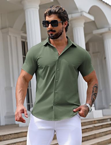 URRU Men's Muscle Dress Shirts Slim Fit Stretch Short Sleeve Casual Button Down Shirts for Men Army Green M