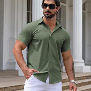 URRU Men's Muscle Dress Shirts Slim Fit Stretch Short Sleeve Casual Button Down Shirts for Men Army Green M