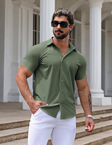 URRU Men's Muscle Dress Shirts Slim Fit Stretch Short Sleeve Casual Button Down Shirts for Men Army Green M