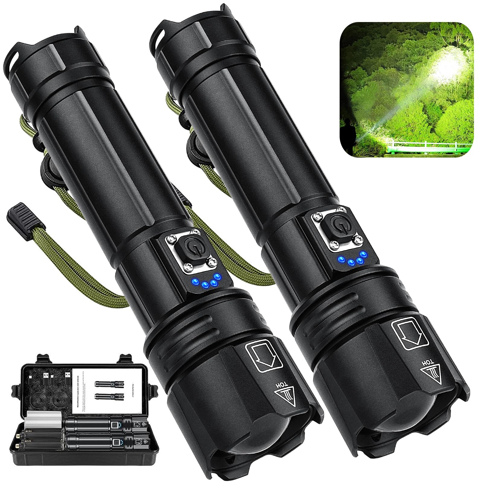 Led Brightest Flashlights High Lumens Rechargeable, 990,000 Lumens Super Bright Flashlight High Powered Flashlights, Waterproof Flash Light with Cases for Emergency Camping (2PCS)