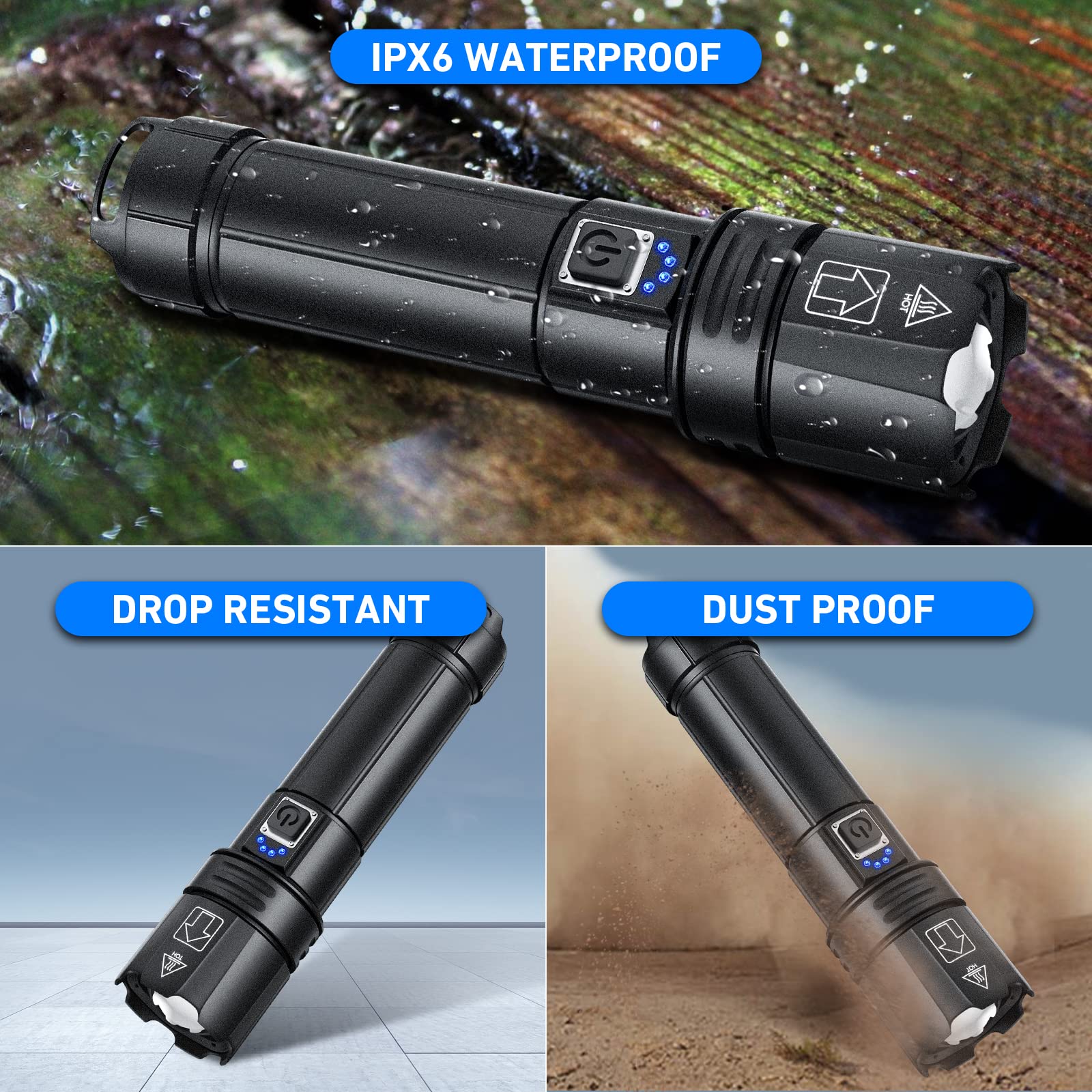 Led Brightest Flashlights High Lumens Rechargeable, 990,000 Lumens Super Bright Flashlight High Powered Flashlights, Waterproof Flash Light with Cases for Emergency Camping (2PCS)