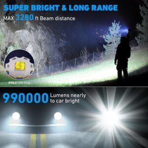 Led Brightest Flashlights High Lumens Rechargeable, 990,000 Lumens Super Bright Flashlight High Powered Flashlights, Waterproof Flash Light with Cases for Emergency Camping (2PCS)