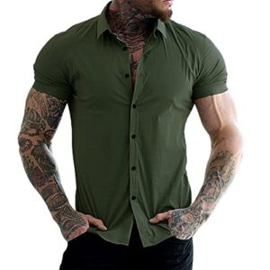 Men's Muscle Dress Shirts Short Sleeve Casual Athletic Fit Button Down Shirt Green