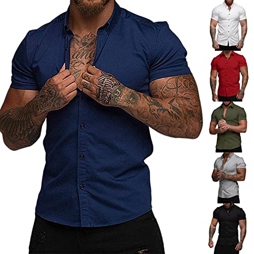 Men's Muscle Dress Shirts Short Sleeve Casual Athletic Fit Button Down Shirt Green