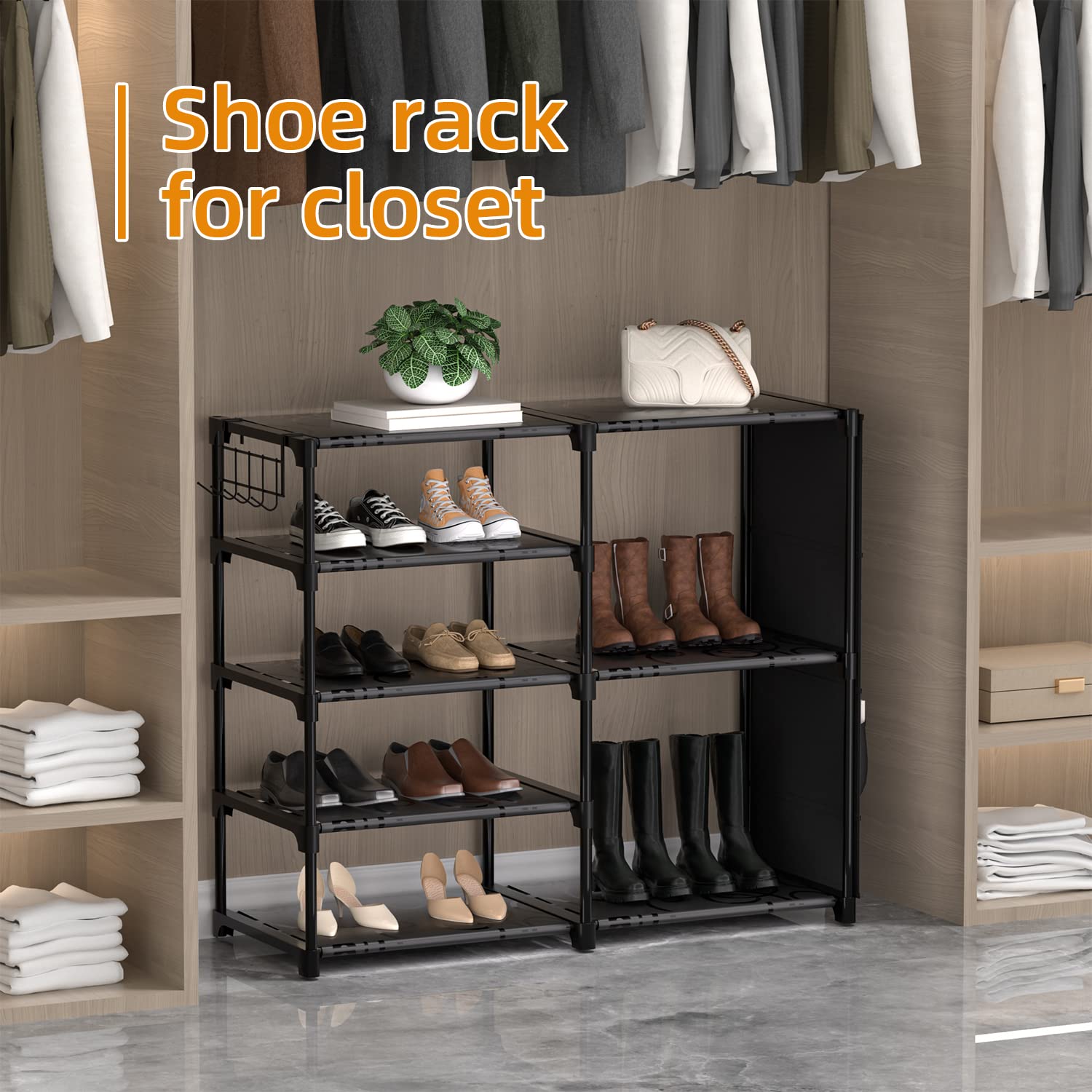 XJJX 5-Tier Shoe Rack Storage for Closet, 28 Pairs Metal Stackable Shoes Rack Boots Organizer Shoe Shelf Shoe Stand with Side Bag for Entryway Closet Hallway and Bedroom