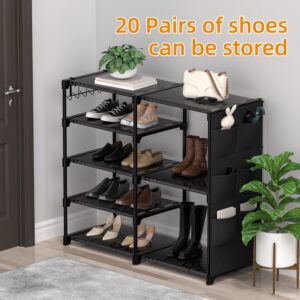 XJJX 5-Tier Shoe Rack Storage for Closet, 28 Pairs Metal Stackable Shoes Rack Boots Organizer Shoe Shelf Shoe Stand with Side Bag for Entryway Closet Hallway and Bedroom