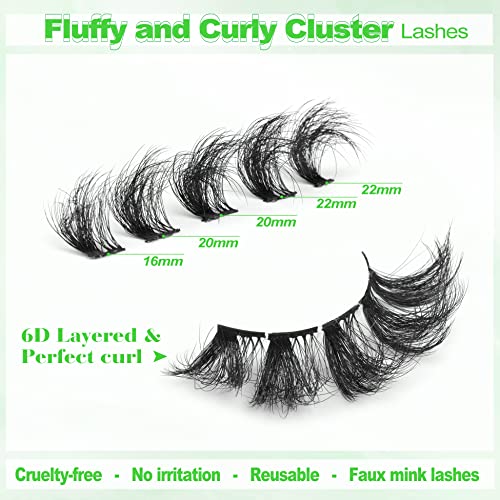 Cluster Lashes 16-22mm Fluffy Dramatic Curly Russian Strip Cat-Eye Individual Lashes Wispy DIY Lash Extensions 6D Faux Mink False Eyelashes