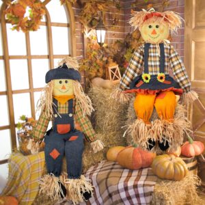 Large Thanksgiving Sitting Scarecrow Decor, Set of 2 50" Boy Girl Sitting Couple Scarecrows Deluxe Holiday Indoor Outdoor Fall Decoration for Autumn Harvest Home Porch Yard Garden Fireplace Mantle