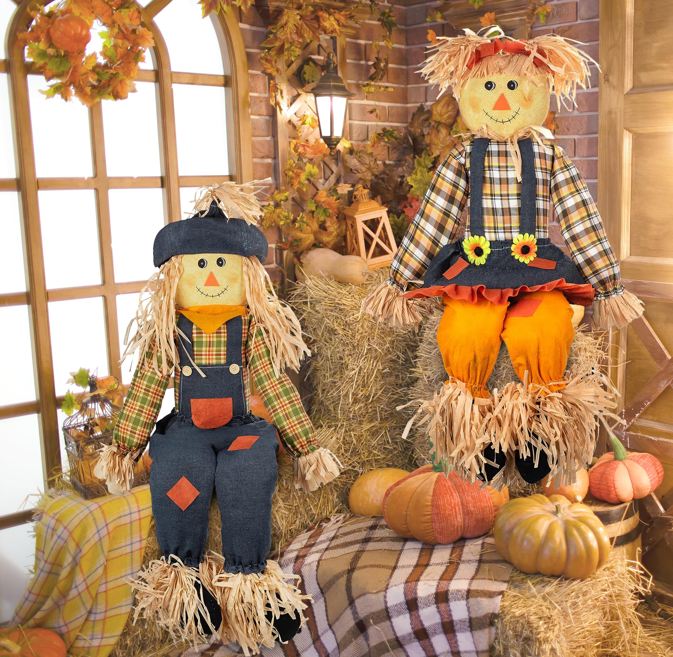 Large Thanksgiving Sitting Scarecrow Decor, Set of 2 50" Boy Girl Sitting Couple Scarecrows Deluxe Holiday Indoor Outdoor Fall Decoration for Autumn Harvest Home Porch Yard Garden Fireplace Mantle