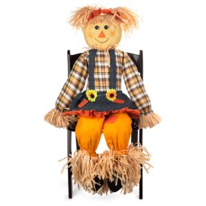 Large Thanksgiving Sitting Scarecrow Decor, Set of 2 50" Boy Girl Sitting Couple Scarecrows Deluxe Holiday Indoor Outdoor Fall Decoration for Autumn Harvest Home Porch Yard Garden Fireplace Mantle