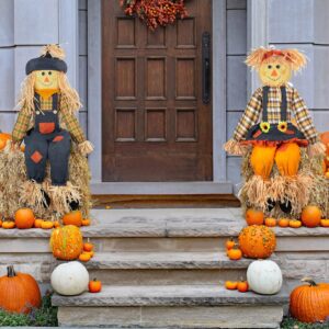 Large Thanksgiving Sitting Scarecrow Decor, Set of 2 50" Boy Girl Sitting Couple Scarecrows Deluxe Holiday Indoor Outdoor Fall Decoration for Autumn Harvest Home Porch Yard Garden Fireplace Mantle