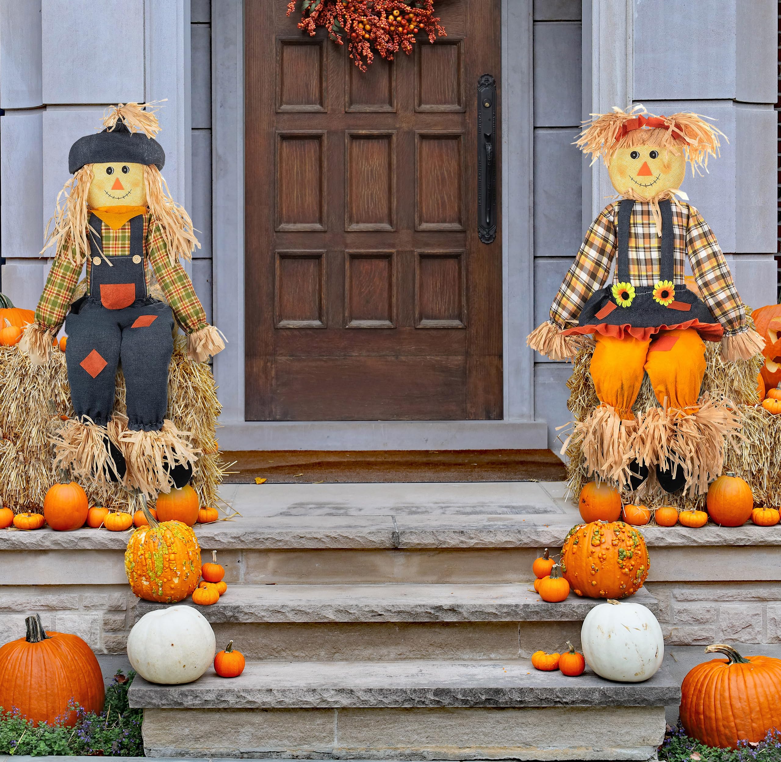 Large Thanksgiving Sitting Scarecrow Decor, Set of 2 50" Boy Girl Sitting Couple Scarecrows Deluxe Holiday Indoor Outdoor Fall Decoration for Autumn Harvest Home Porch Yard Garden Fireplace Mantle