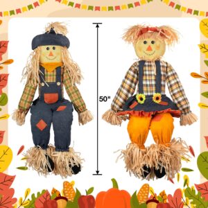 Large Thanksgiving Sitting Scarecrow Decor, Set of 2 50" Boy Girl Sitting Couple Scarecrows Deluxe Holiday Indoor Outdoor Fall Decoration for Autumn Harvest Home Porch Yard Garden Fireplace Mantle