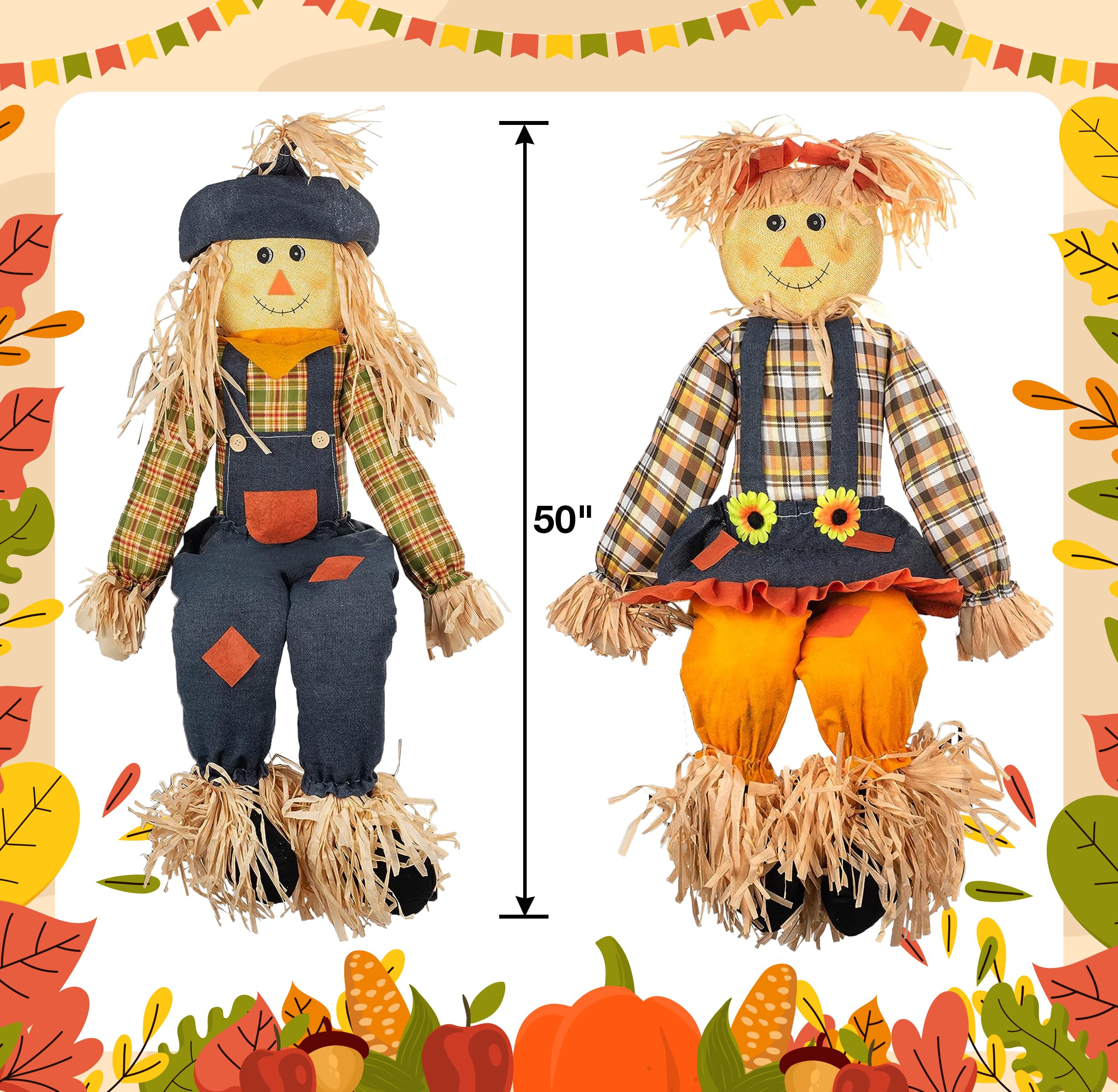 Large Thanksgiving Sitting Scarecrow Decor, Set of 2 50" Boy Girl Sitting Couple Scarecrows Deluxe Holiday Indoor Outdoor Fall Decoration for Autumn Harvest Home Porch Yard Garden Fireplace Mantle