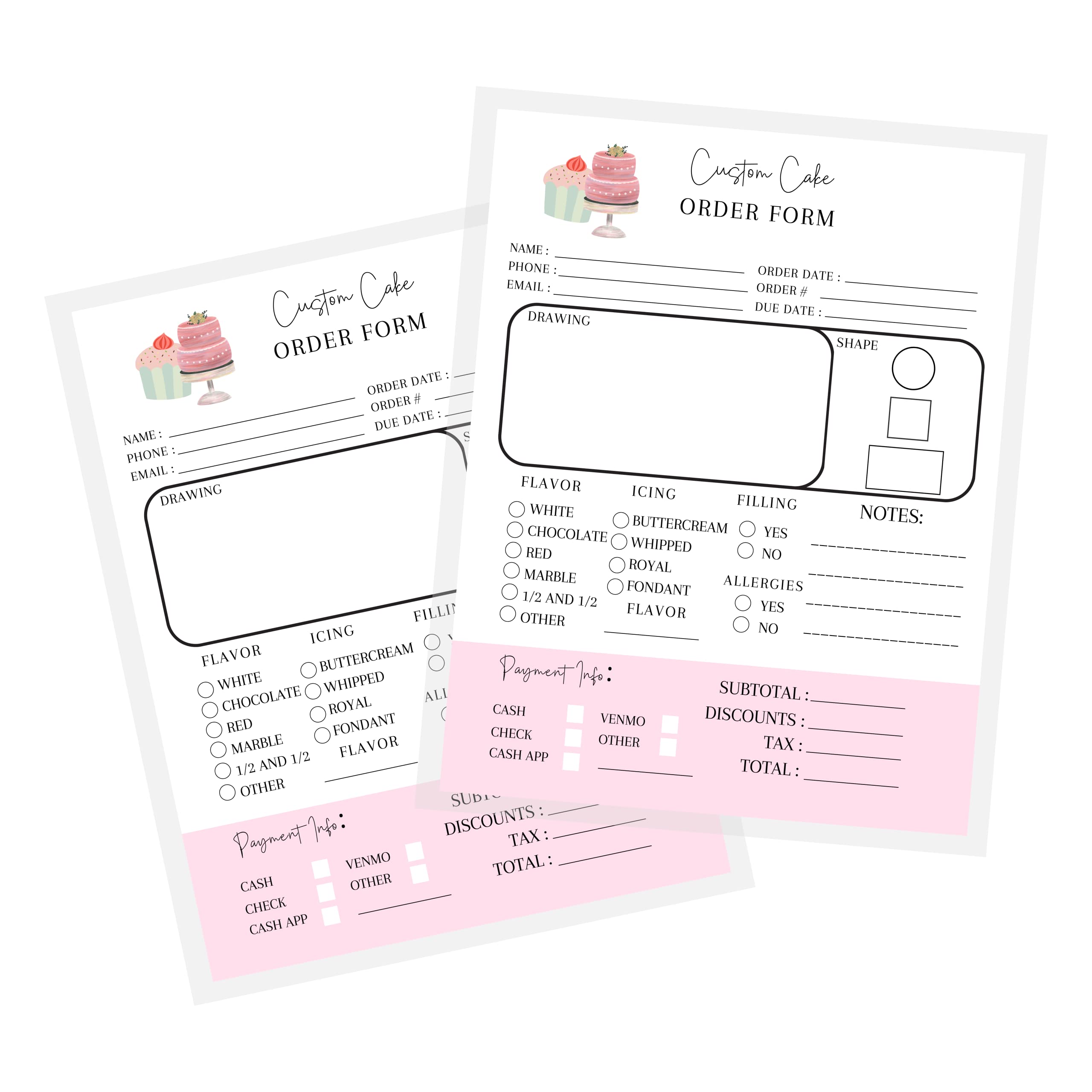 Custom Cake Order Form Sheets | 50 pk | for Bakers Dessert Wedding Birthday Party Cake Form Book Bakers Supplies Small Business Planner 8.5x11” inches