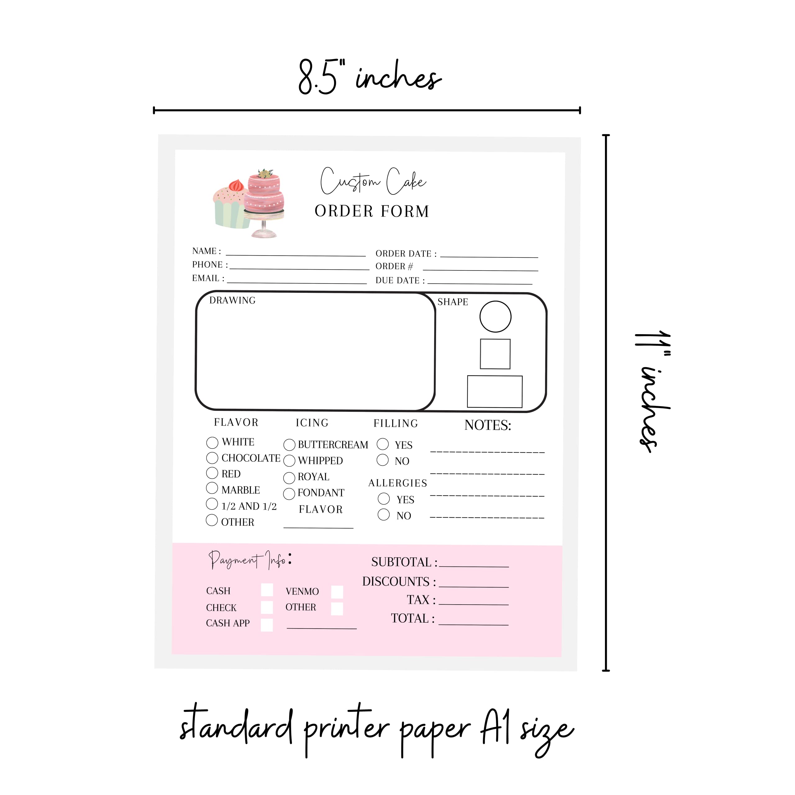 Custom Cake Order Form Sheets | 50 pk | for Bakers Dessert Wedding Birthday Party Cake Form Book Bakers Supplies Small Business Planner 8.5x11” inches