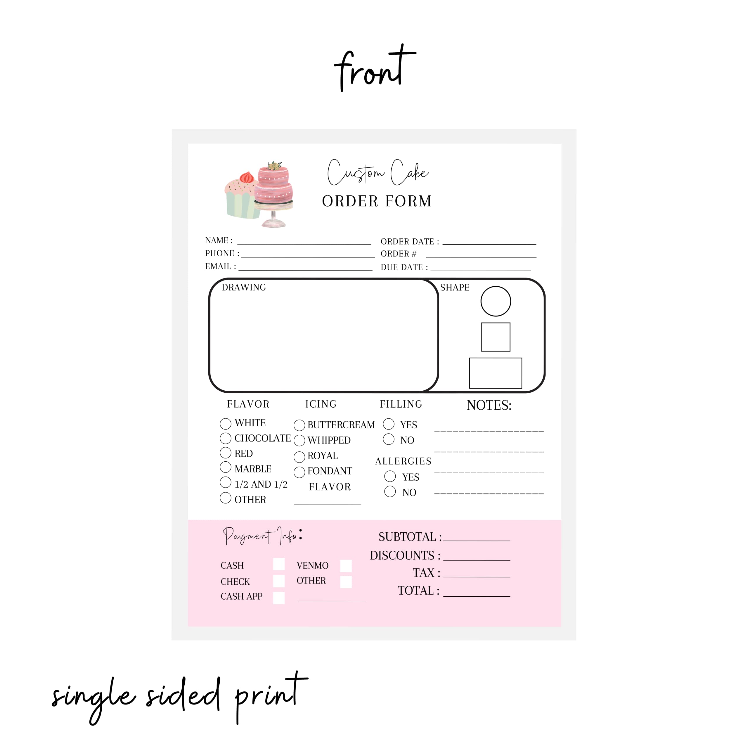 Custom Cake Order Form Sheets | 50 pk | for Bakers Dessert Wedding Birthday Party Cake Form Book Bakers Supplies Small Business Planner 8.5x11” inches